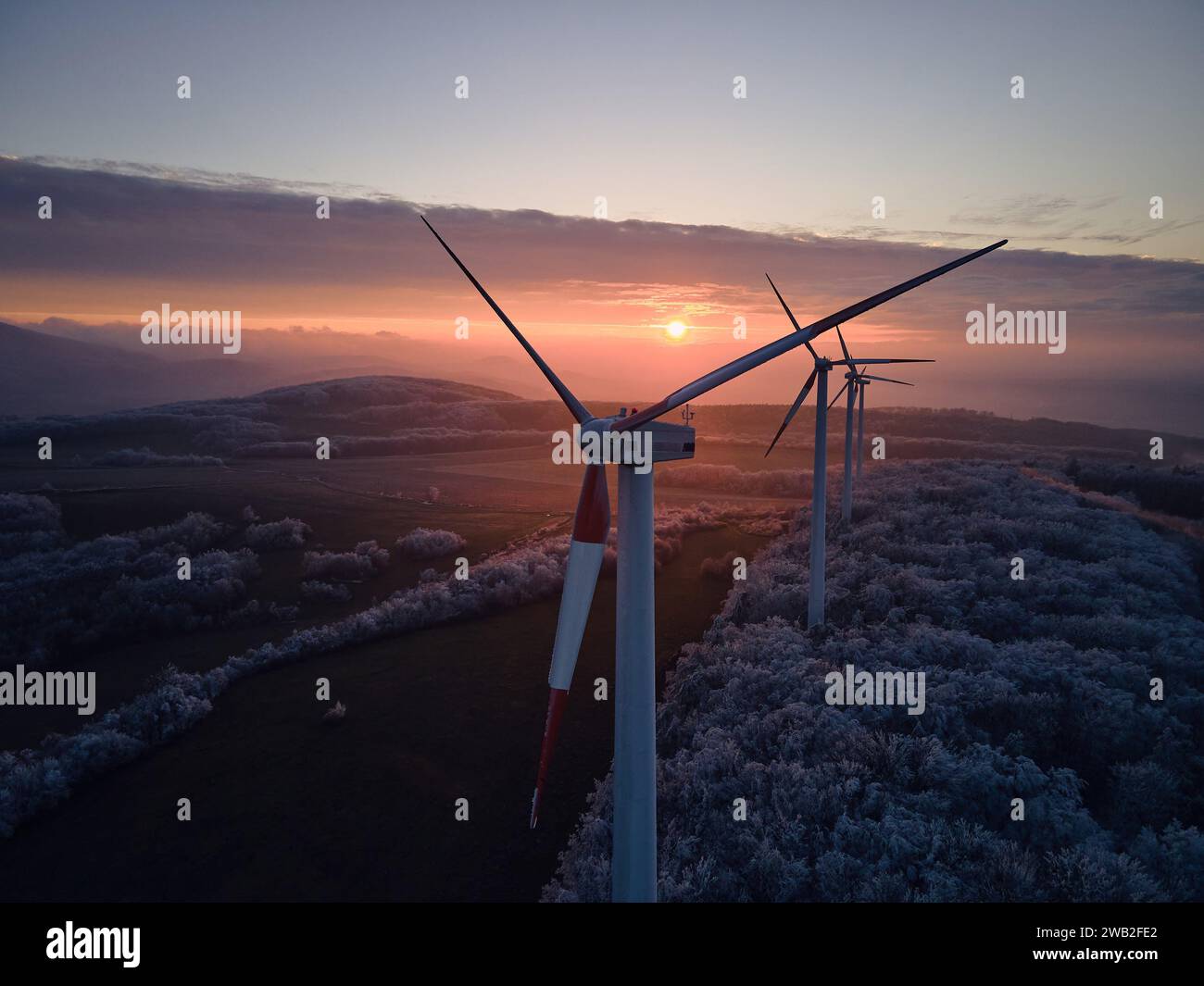 Aerial landscape photography of sunrise over frost-covered nature with ...