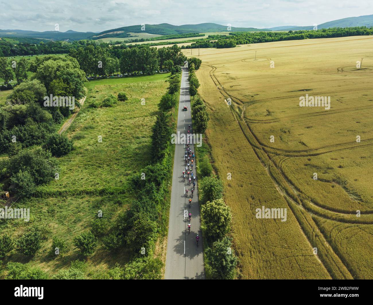 Top view of cycling races. Professional cyclists biking on the road ...