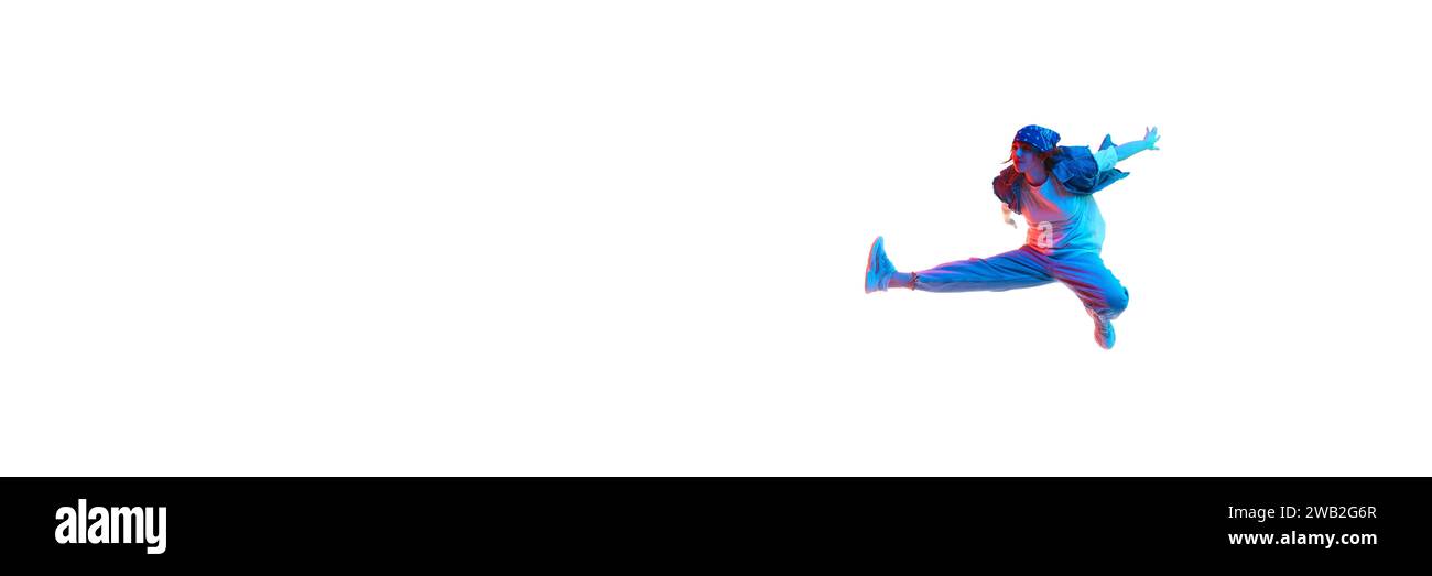 Young girl, hip hop dancer in motion, dancing isolated over white ...