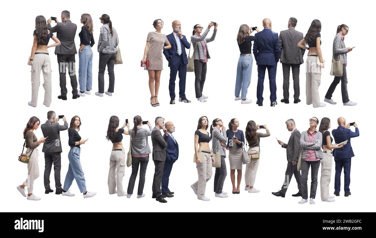 Crowd of visitors at the art gallery, they are looking at paintings and ...