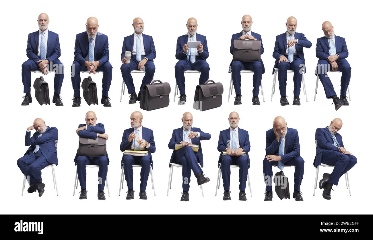 Businessman sitting on a chair and waiting for a job interview or a ...