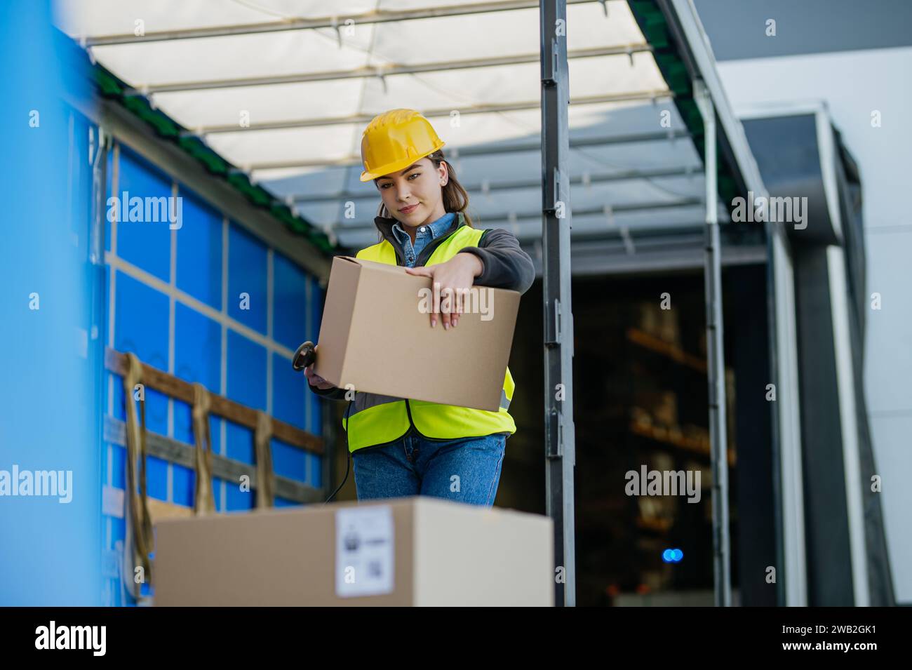 Warehouse receiver standing inside of truck in cargo area, trailer ...