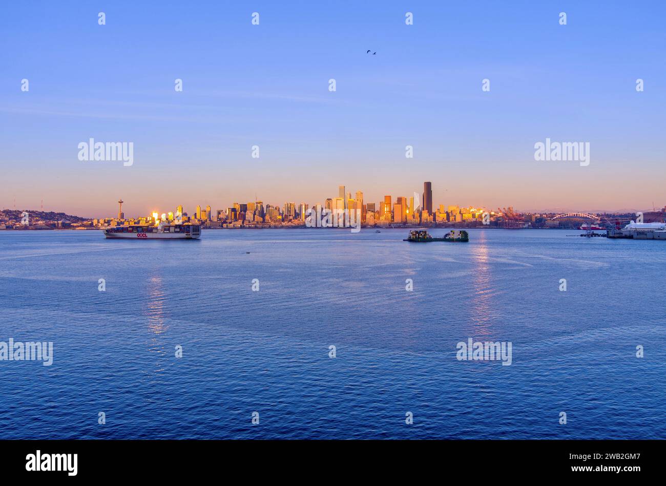 The Seattle waterfront skyline at sunset in December Stock Photo - Alamy