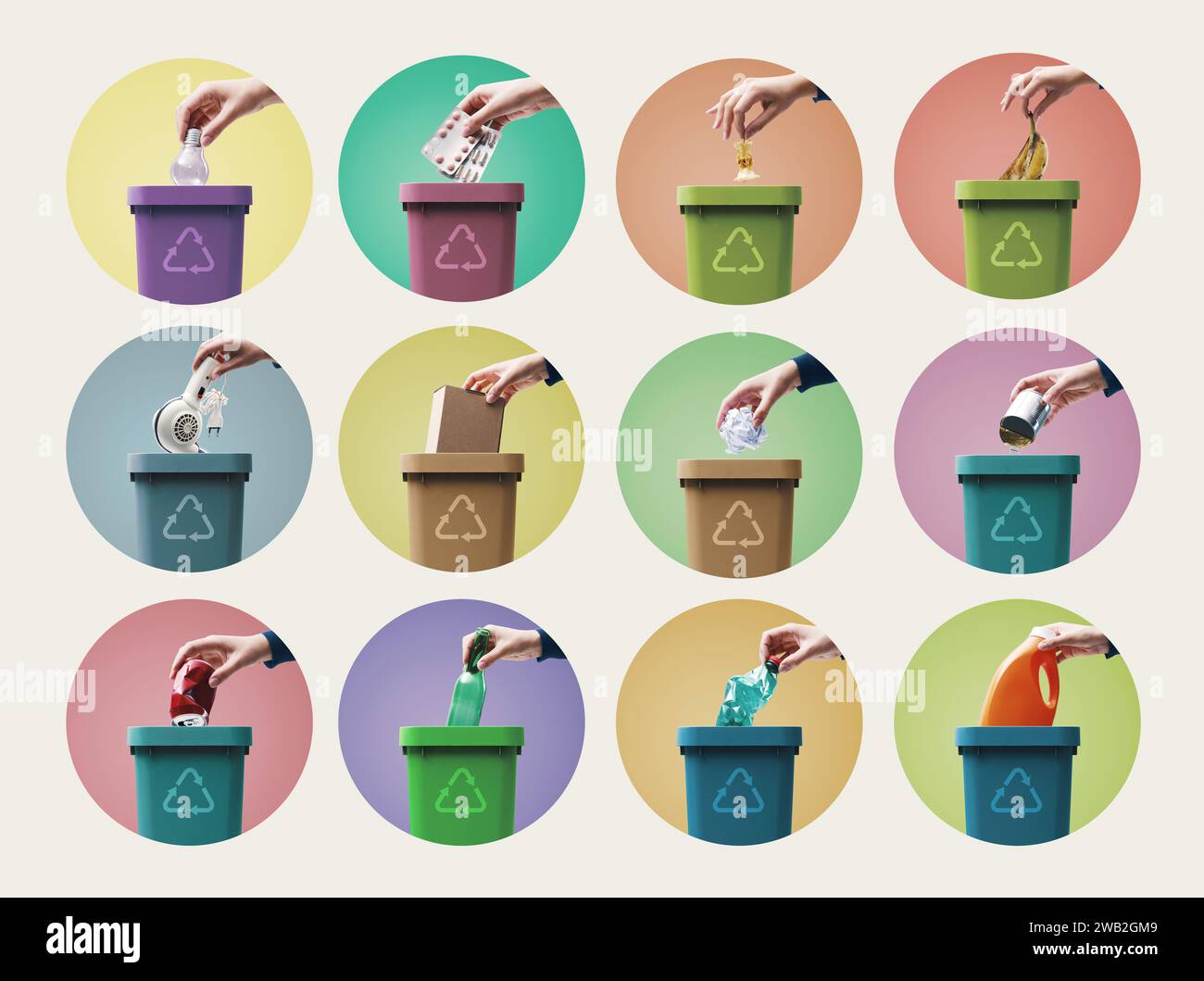 Hands putting different types of waste in different garbage cans ...