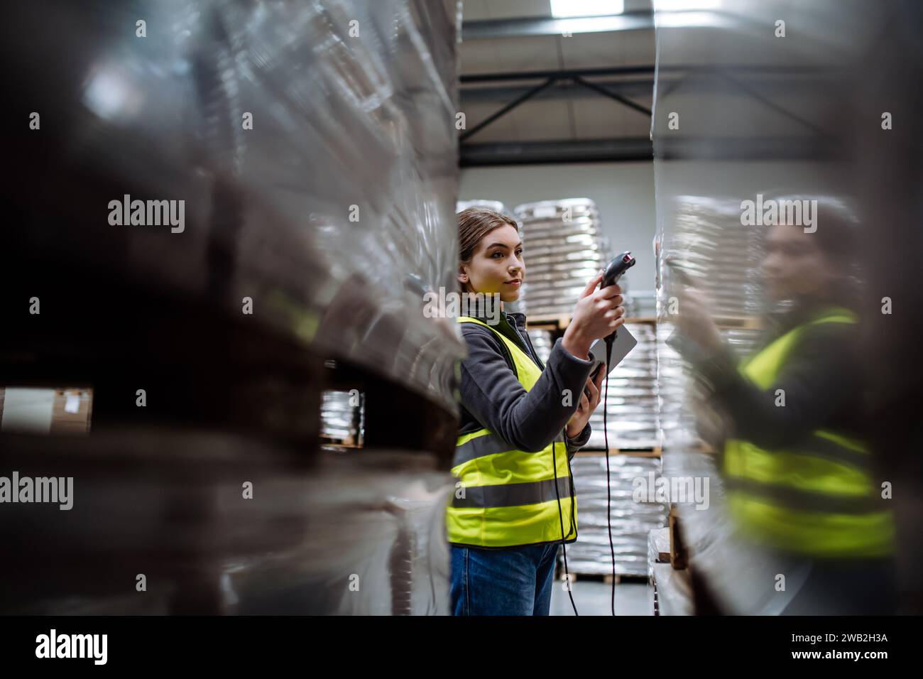 Female warehouse worker holding scanner, scanning the barcodes on ...