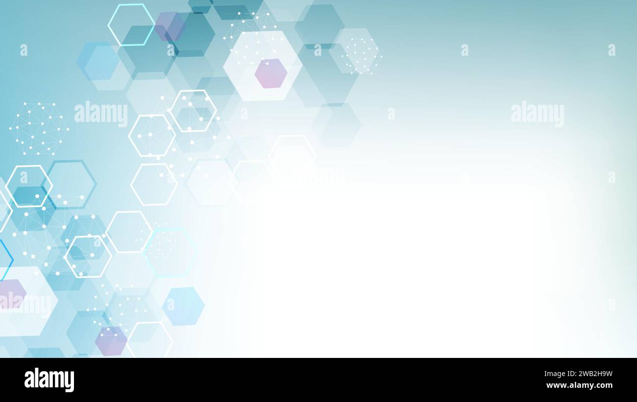 Modern scientific background with hexagons, lines and dots. Wave flow ...