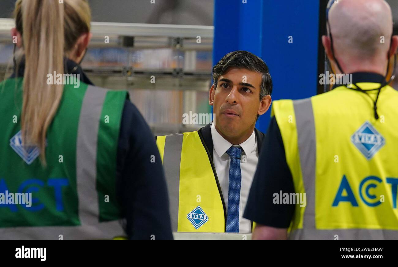 Prime Minister Rishi Sunak speaking to staff during a visit to VEKA PLC ...