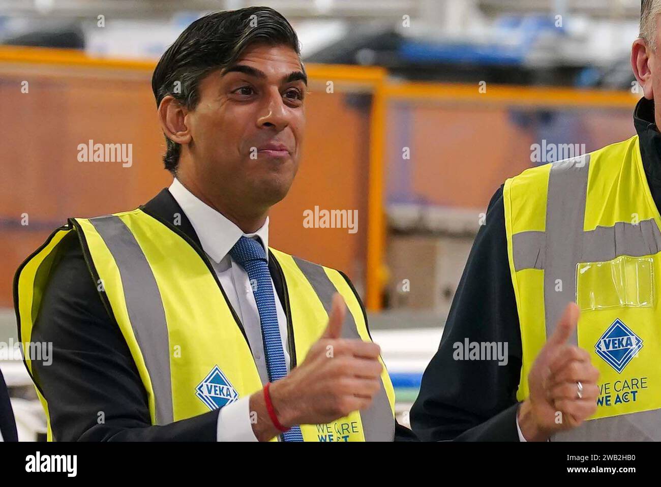 Prime Minister Rishi Sunak speaking to staff during a visit to VEKA PLC ...