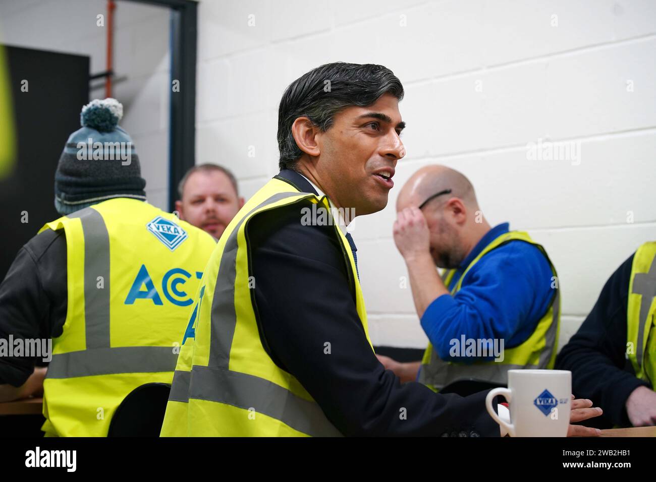 Prime Minister Rishi Sunak speaking to staff during a visit to VEKA PLC ...