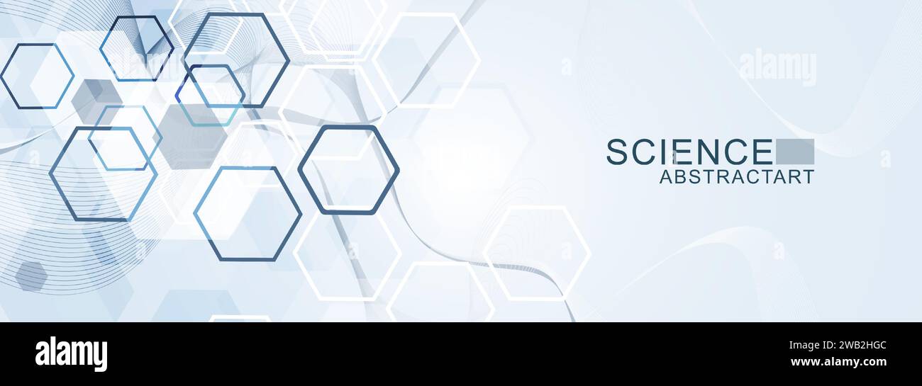 Modern scientific background with hexagons, lines and dots. Wave flow ...