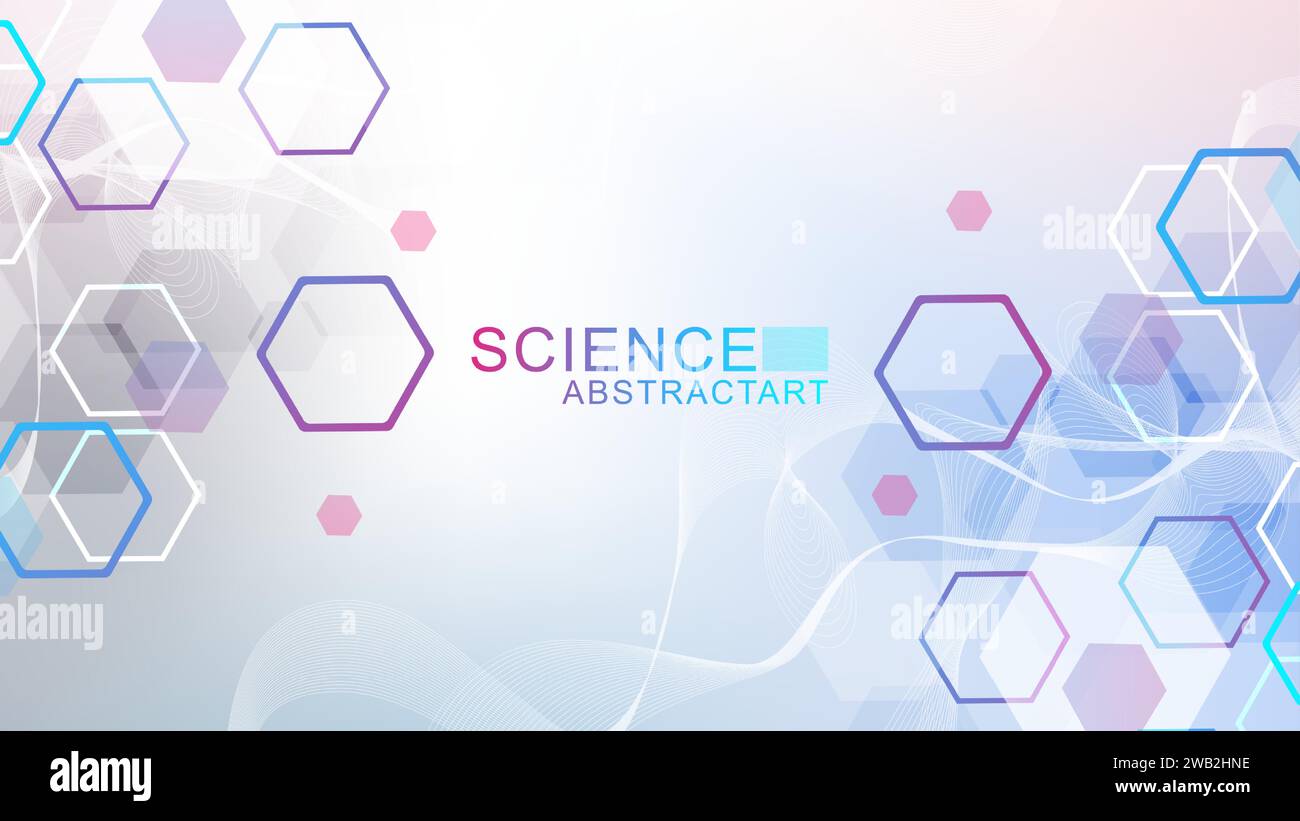 Modern scientific background with hexagons, lines and dots. Wave flow ...
