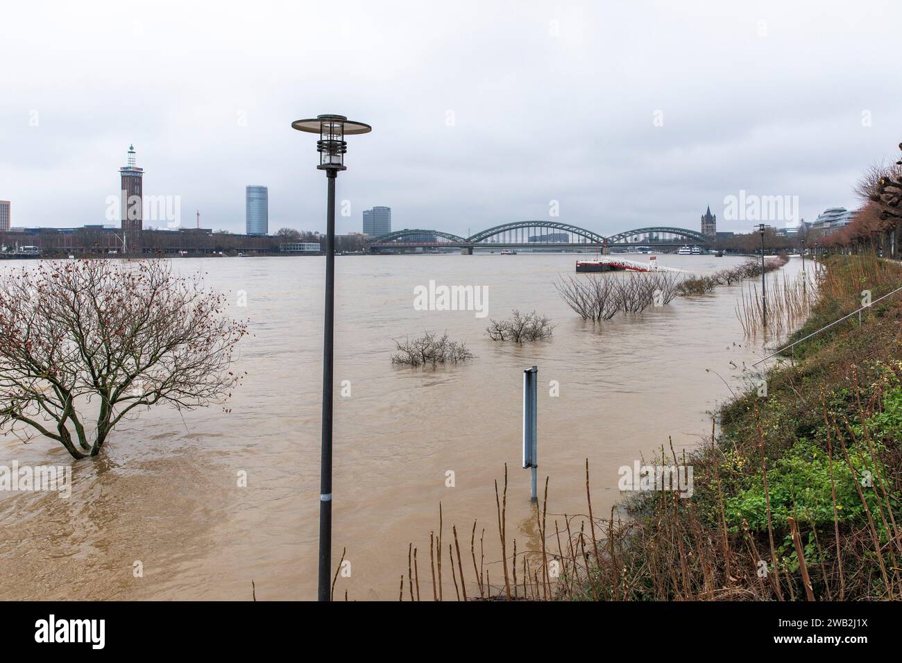 Cologne, Germany, January 6th. 2024, flood of the river Rhine, left the ...