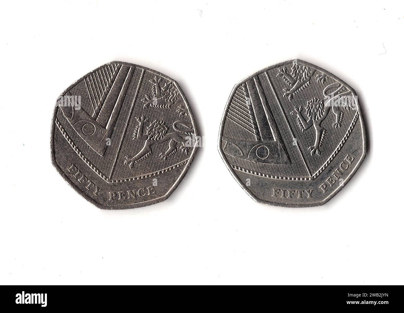 Fifty pence coins from the United Kingdom on a white background Stock ...