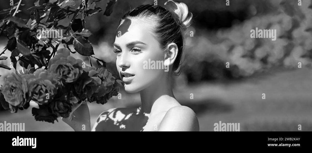 Spring design with beautiful woman face for banner or website header ...