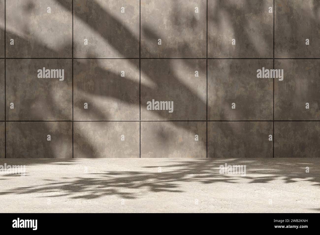 Empty beige stage background with tree and leaf shadows on the wall ...