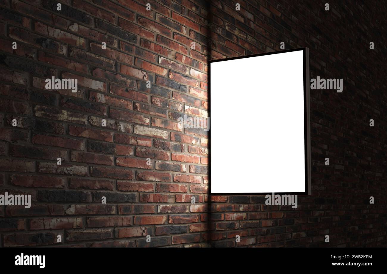 Illuminated blank billboard hanging on the pole with brick wall ...