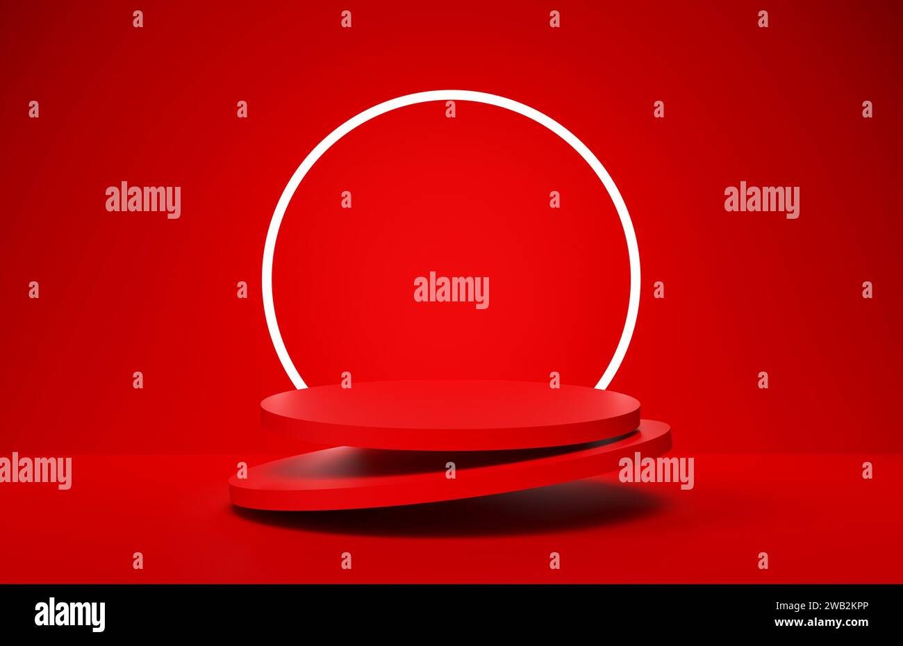 Levitating red colored round podiums or pedestals with circular neon ...