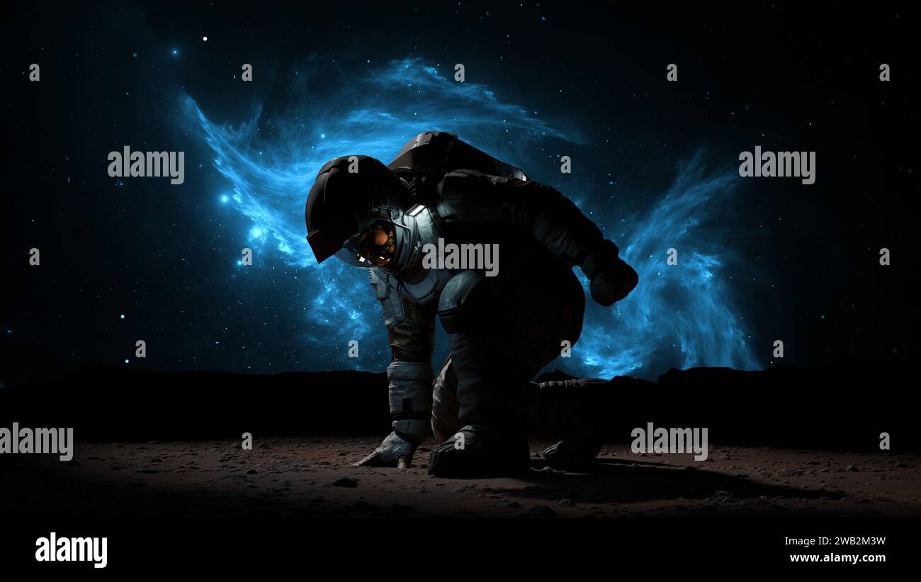 Astronaut touches ground with his hand on planet. Red planet Mars ...