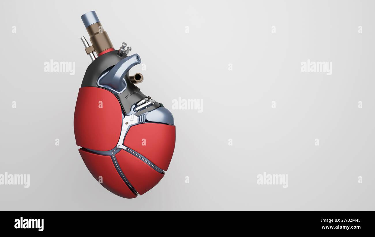 Heart of engine motor, soul of car, love heart metal bike. Bionic organ of robot. 3d render ...