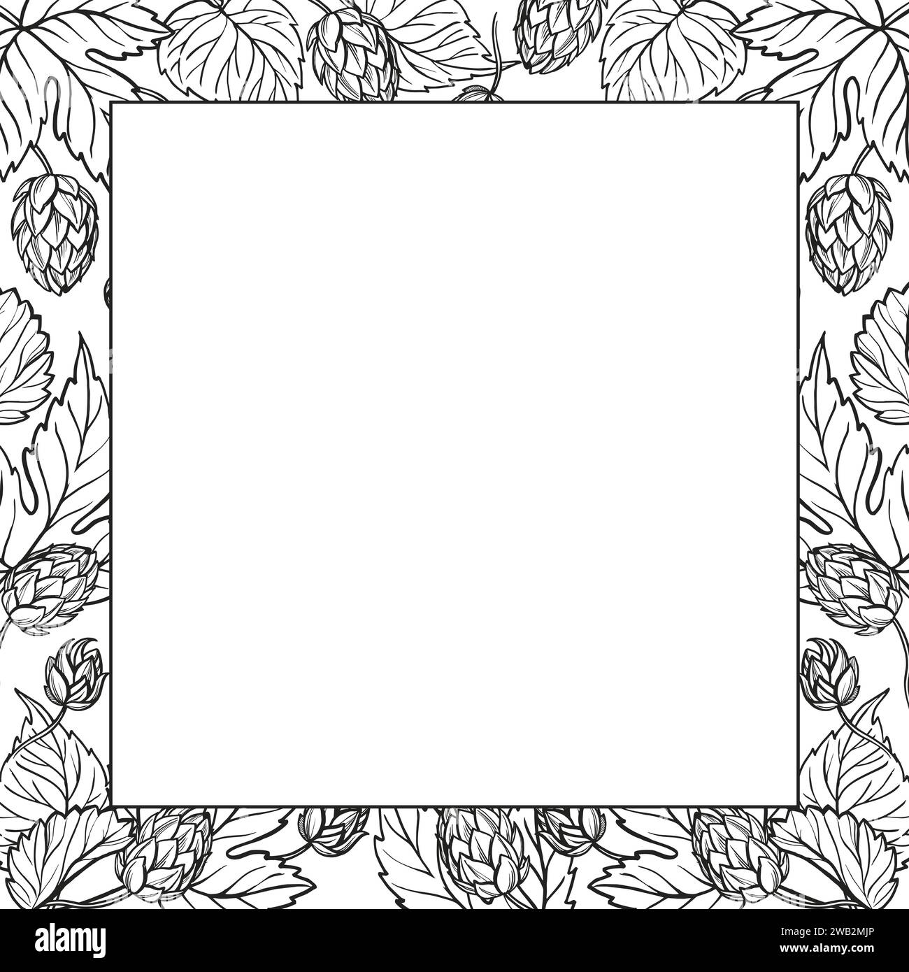 Hand drawn vector frame with hop plant, leaves and buds, craft beer ...