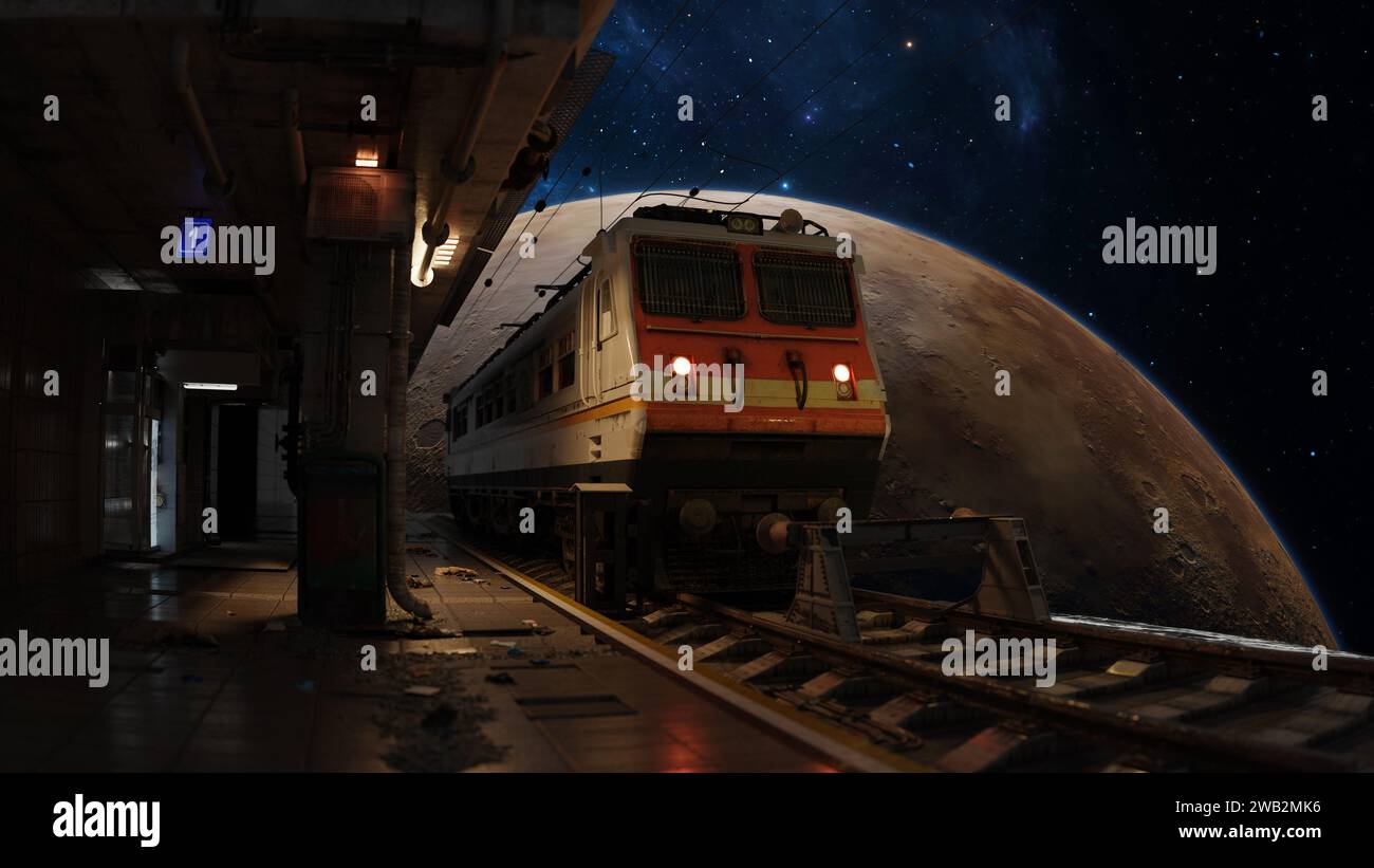 Railway station in space, train stop near planet, railway station ...