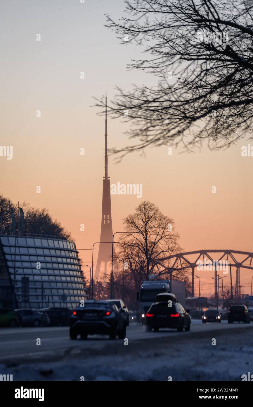 RIGA, Latvia. 8th Jan, 2024. Selective focus photo. Sunrise above Riga ...