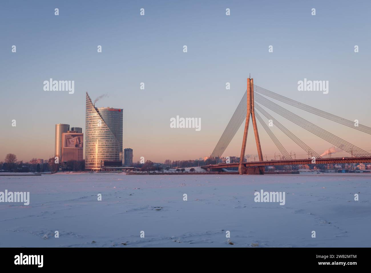 RIGA, Latvia. 8th Jan, 2024. Selective focus photo. Sunrise above Riga ...