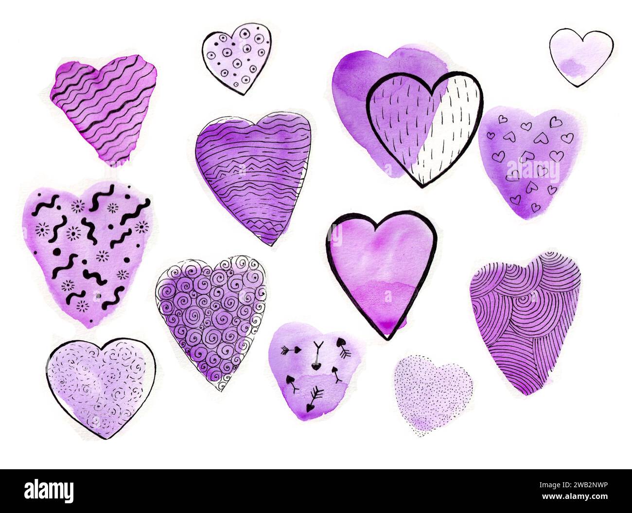 Set of hearts of different sizes and shapes on white background. Purple ...