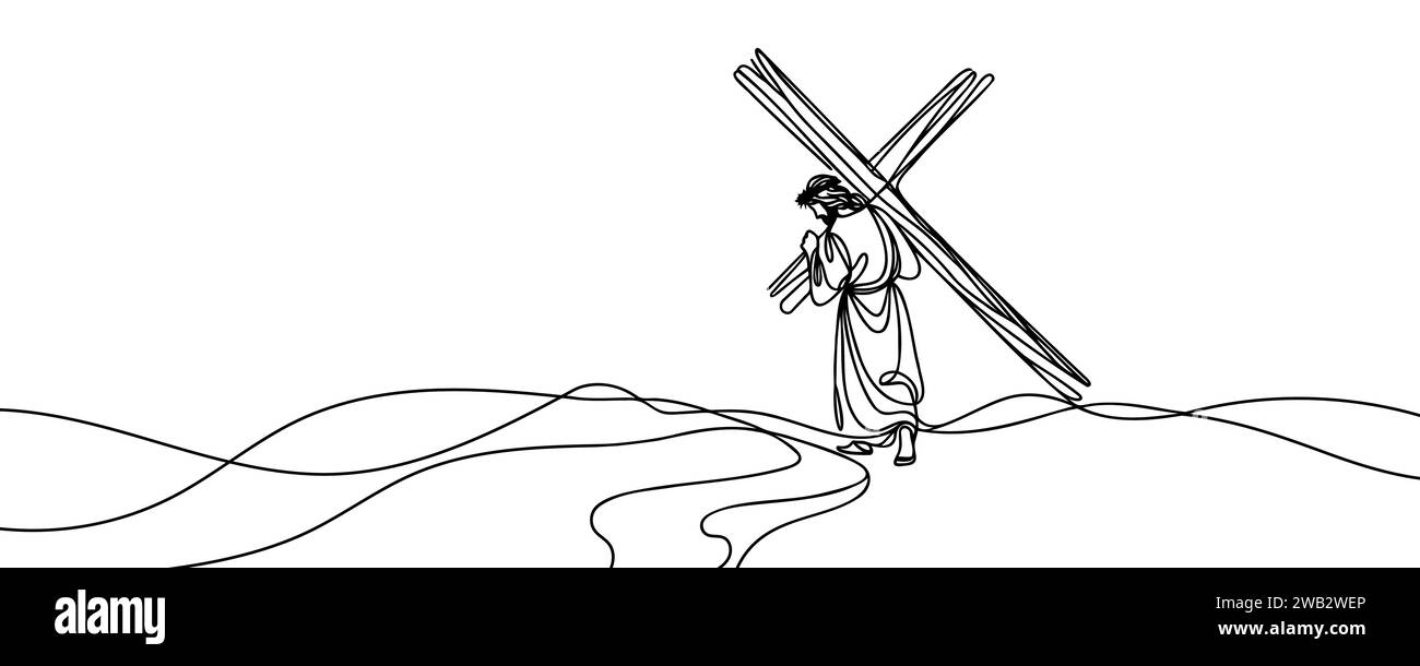 drawing of jesus christ carrying the cross drawn continuous line. Vector illustration Stock ...