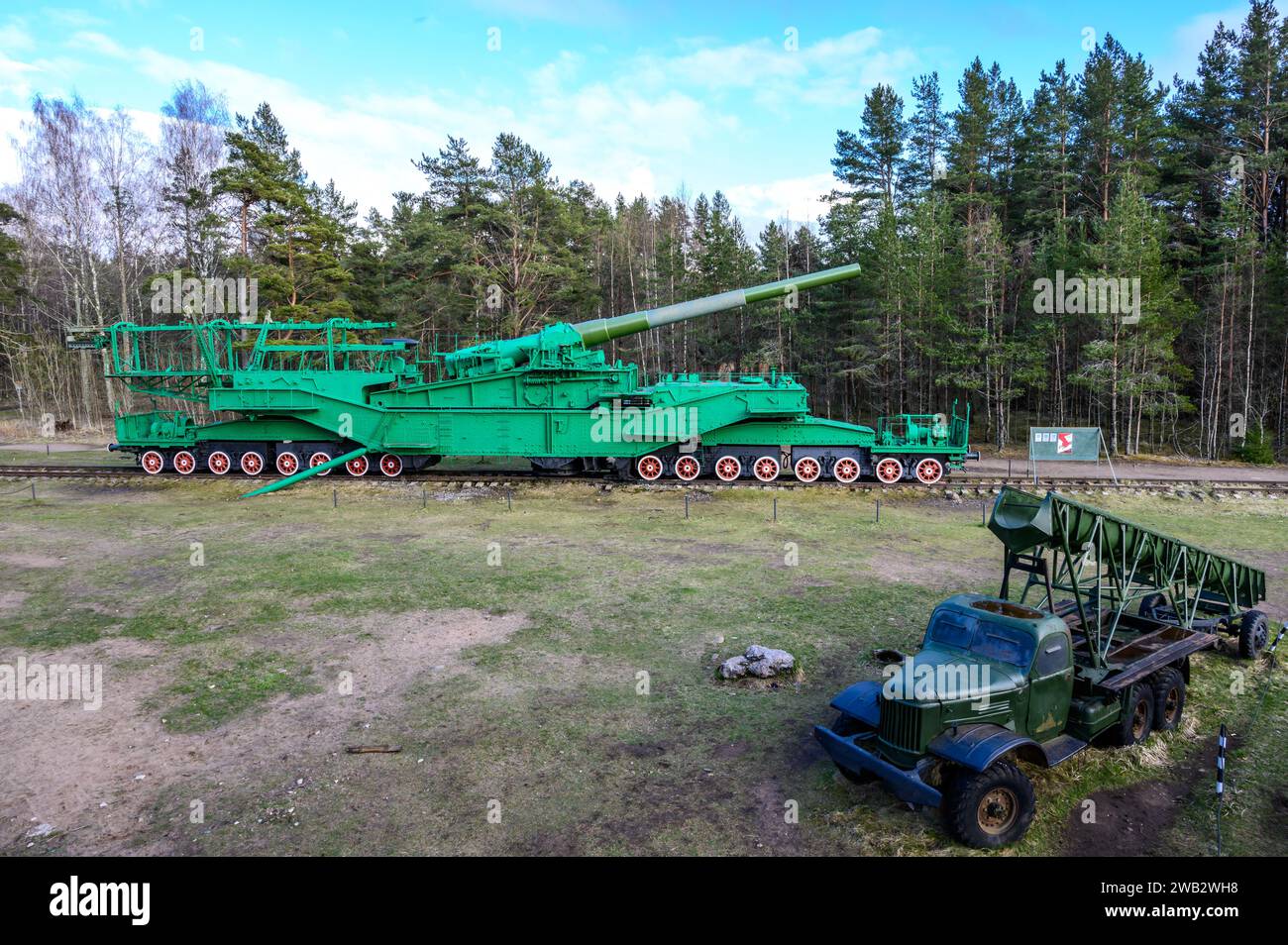 Fort Krasnaya Gorka Leningrad Region. Victory Day. railway artillery transporter TM 3-12 gun 305 ...