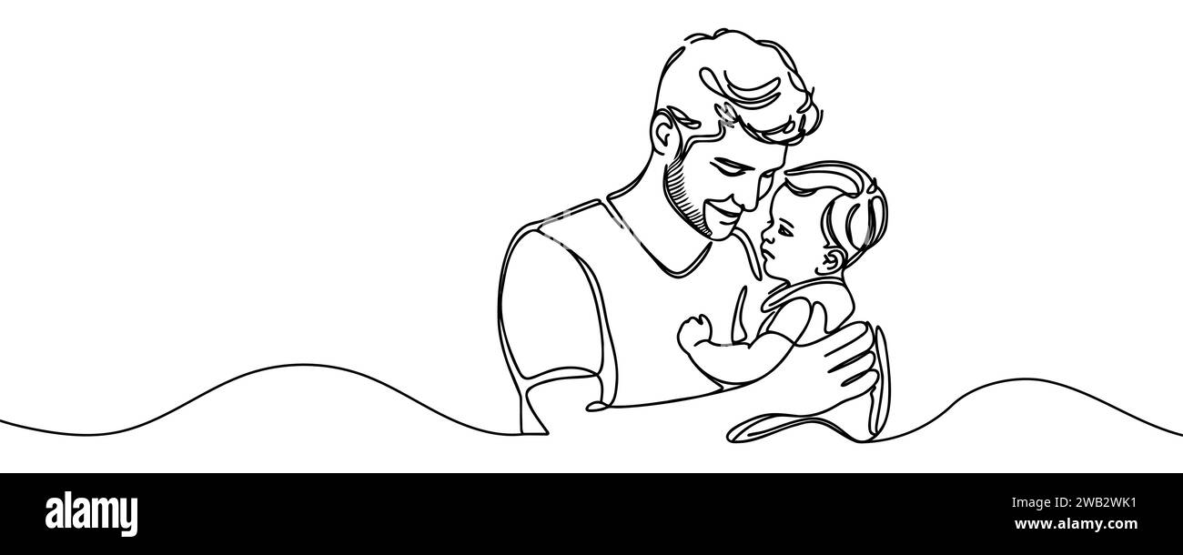 Continuous line drawing of a man holding a child in his arms. Father ...