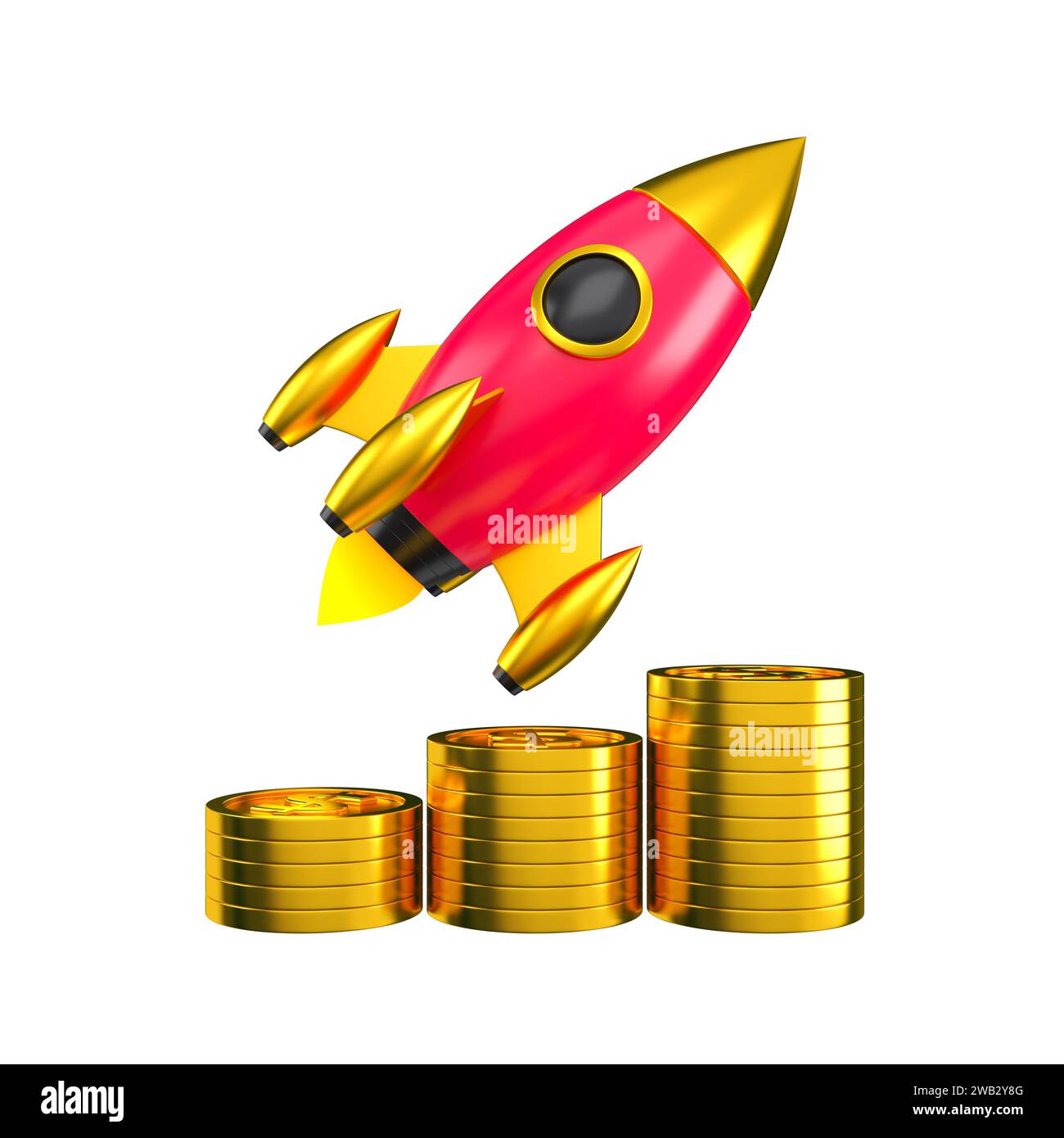 Red rocket launching with dollar coin stacks isolated. Spaceship of ...