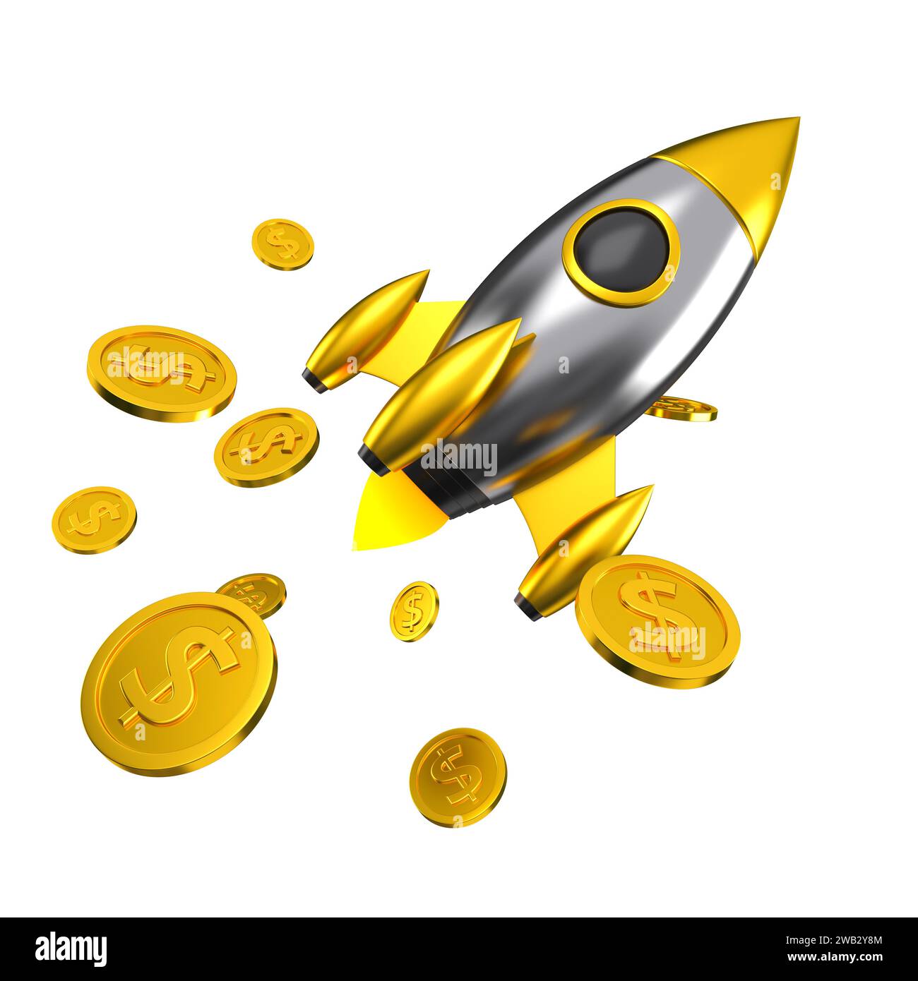 Rocket fly with dollar golden coins isolated. Cartoon spaceship of ...