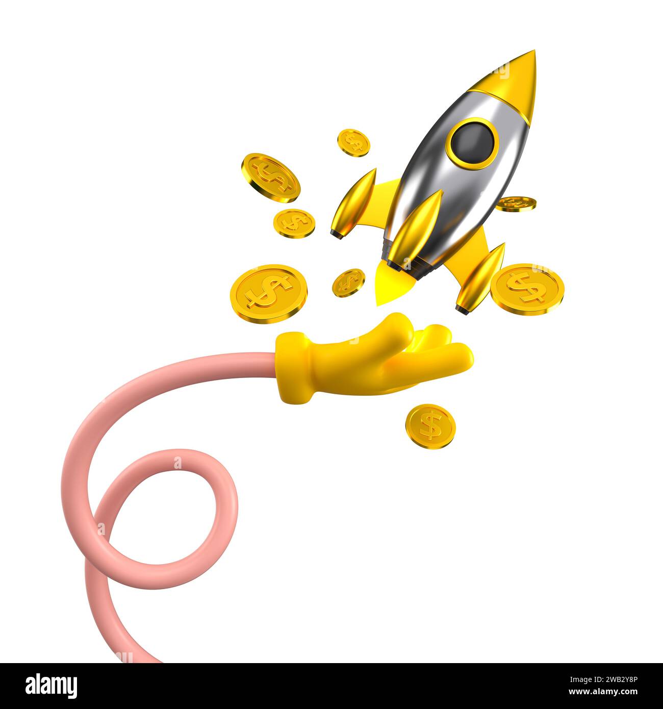 Rocket launching in cartoon hand with dollar golden coins isolated ...