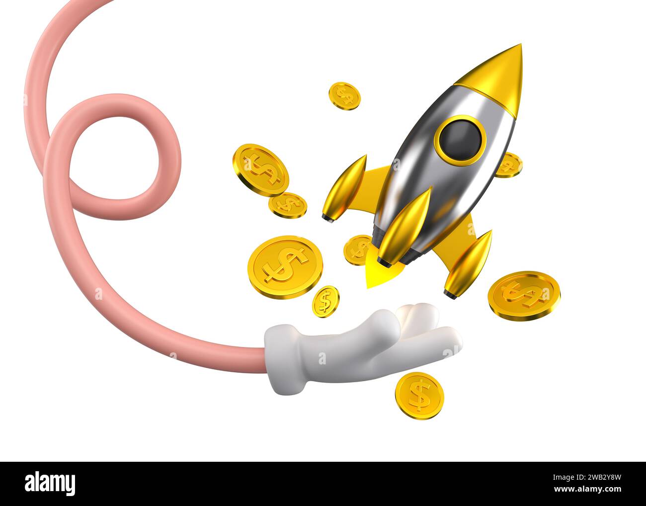 Rocket launching in cartoon hand with dollar golden coins isolated ...