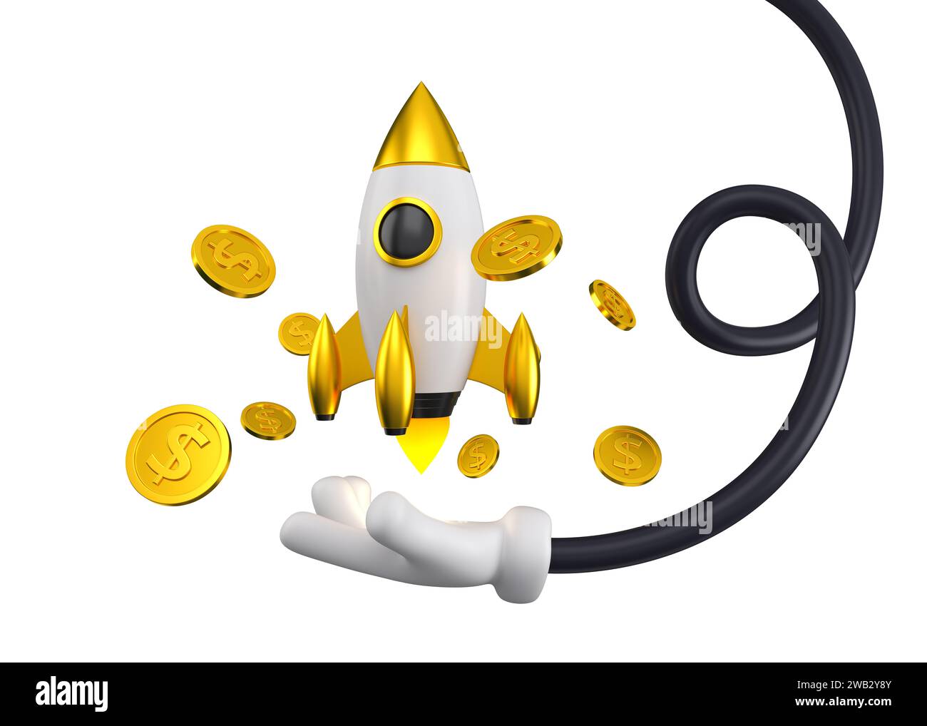 Rocket launching in cartoon twist hand with dollar golden coins ...