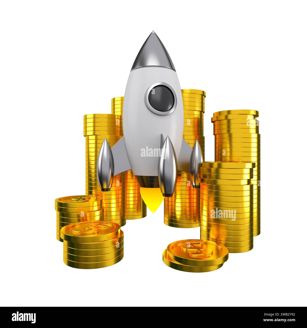 Rocket launching with dollar coin stacks isolated. Cartoon spaceship of ...