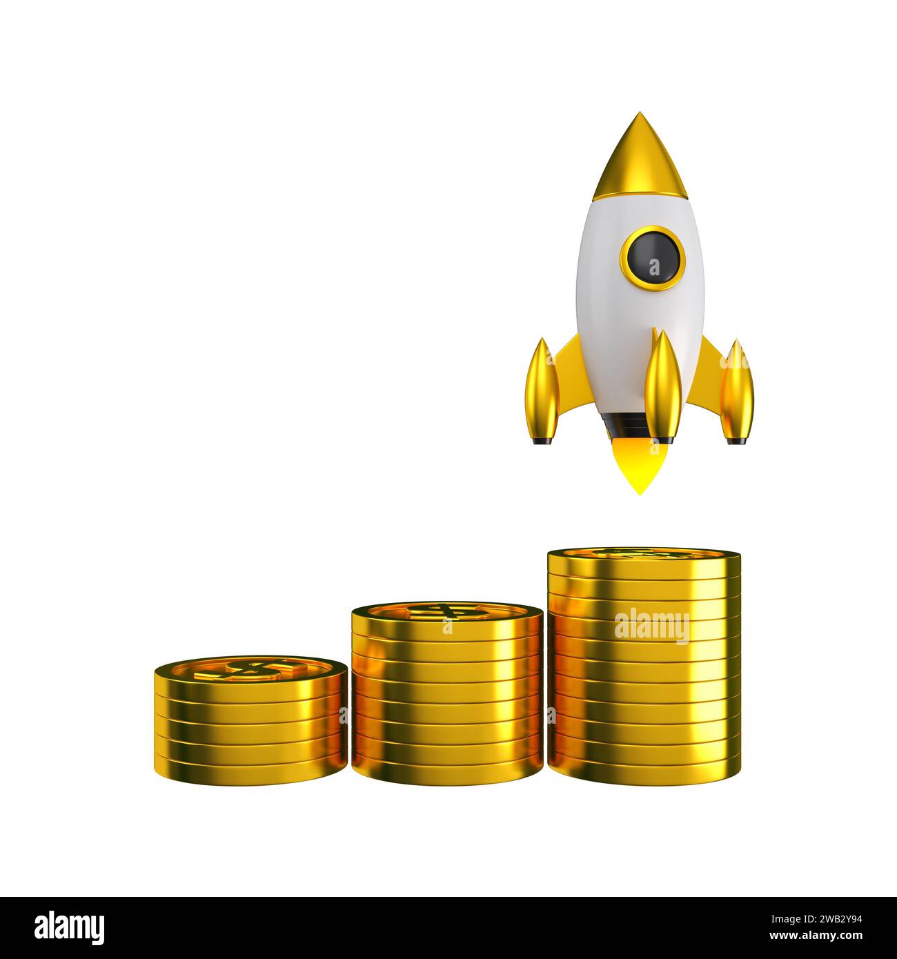 Rocket launching with dollar coin stacks isolated. Spaceship of growth ...