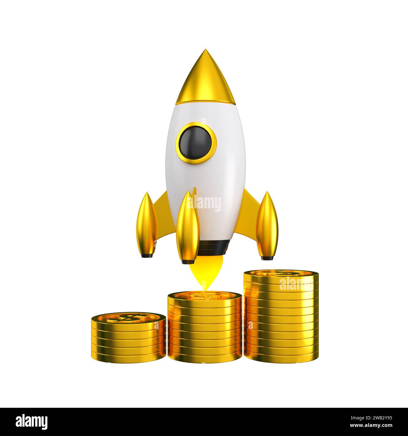 Rocket launching with dollar golden coin stacks isolated. Cartoon ...