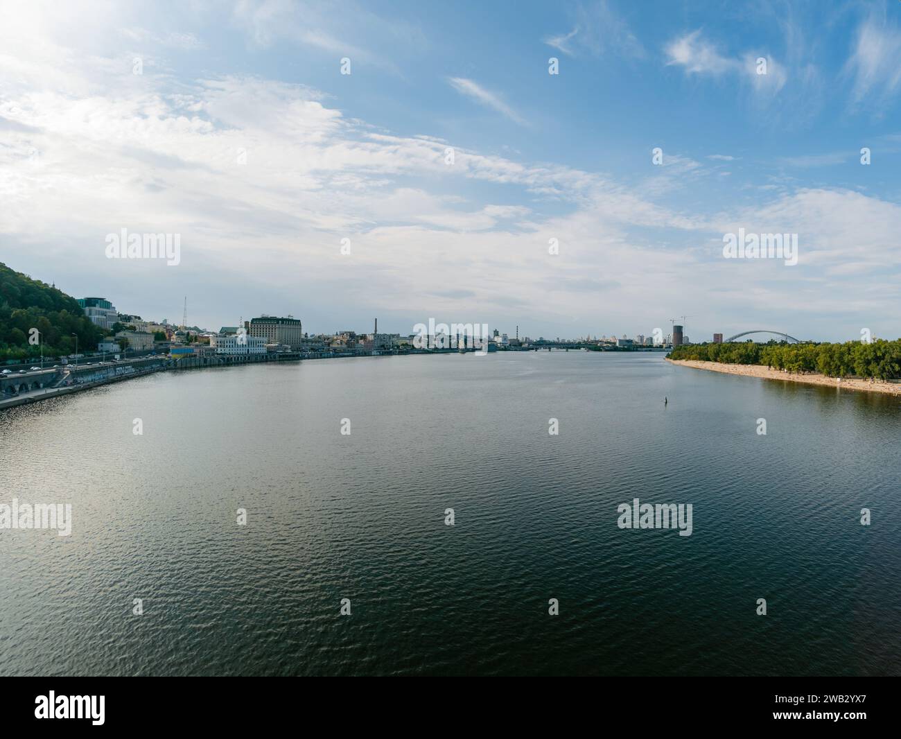View of the Kiev ancient district Podil, the Dnipro River and Trukhanov ...