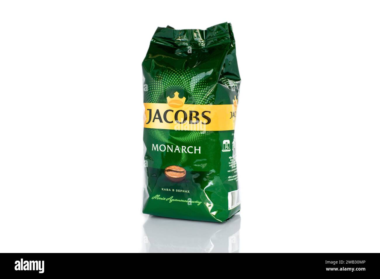 Packaging of Jacobs Monarch coffee beans 250 grams. Isolated on a white ...