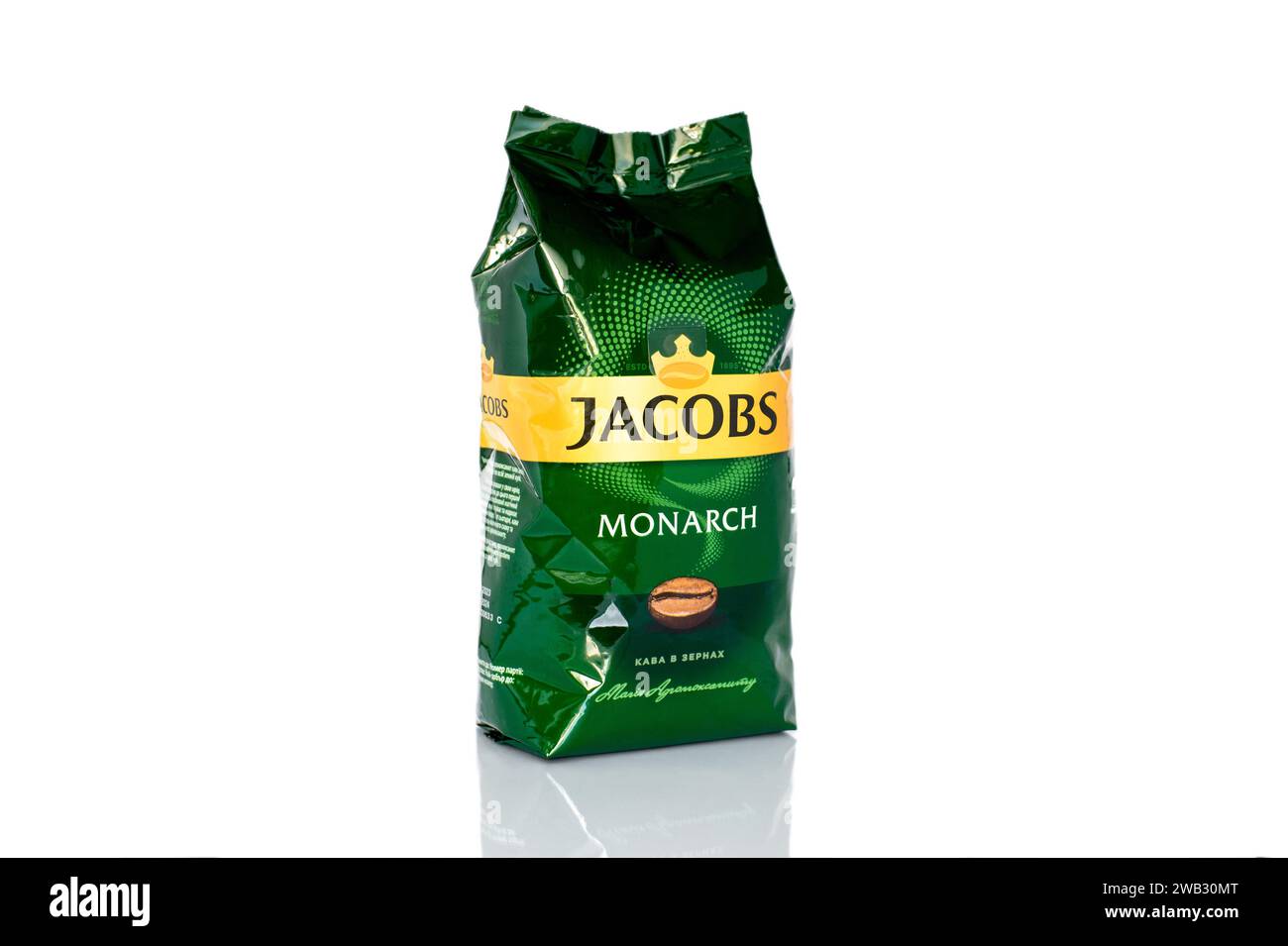 Packaging of Jacobs Monarch coffee beans 250 grams. Isolated on a white ...