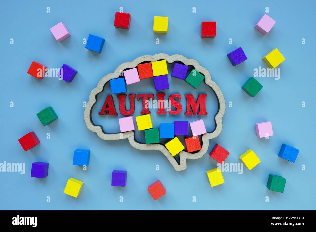 Brain outline, colored cubes and the inscription autism Stock Photo - Alamy