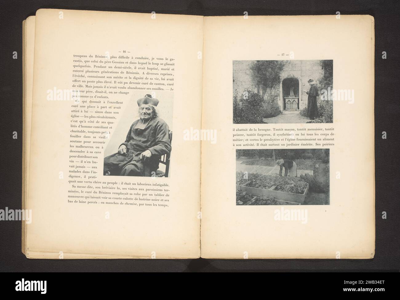 Man, presumably a priest, reading and working in a garden, Henri Magron ...