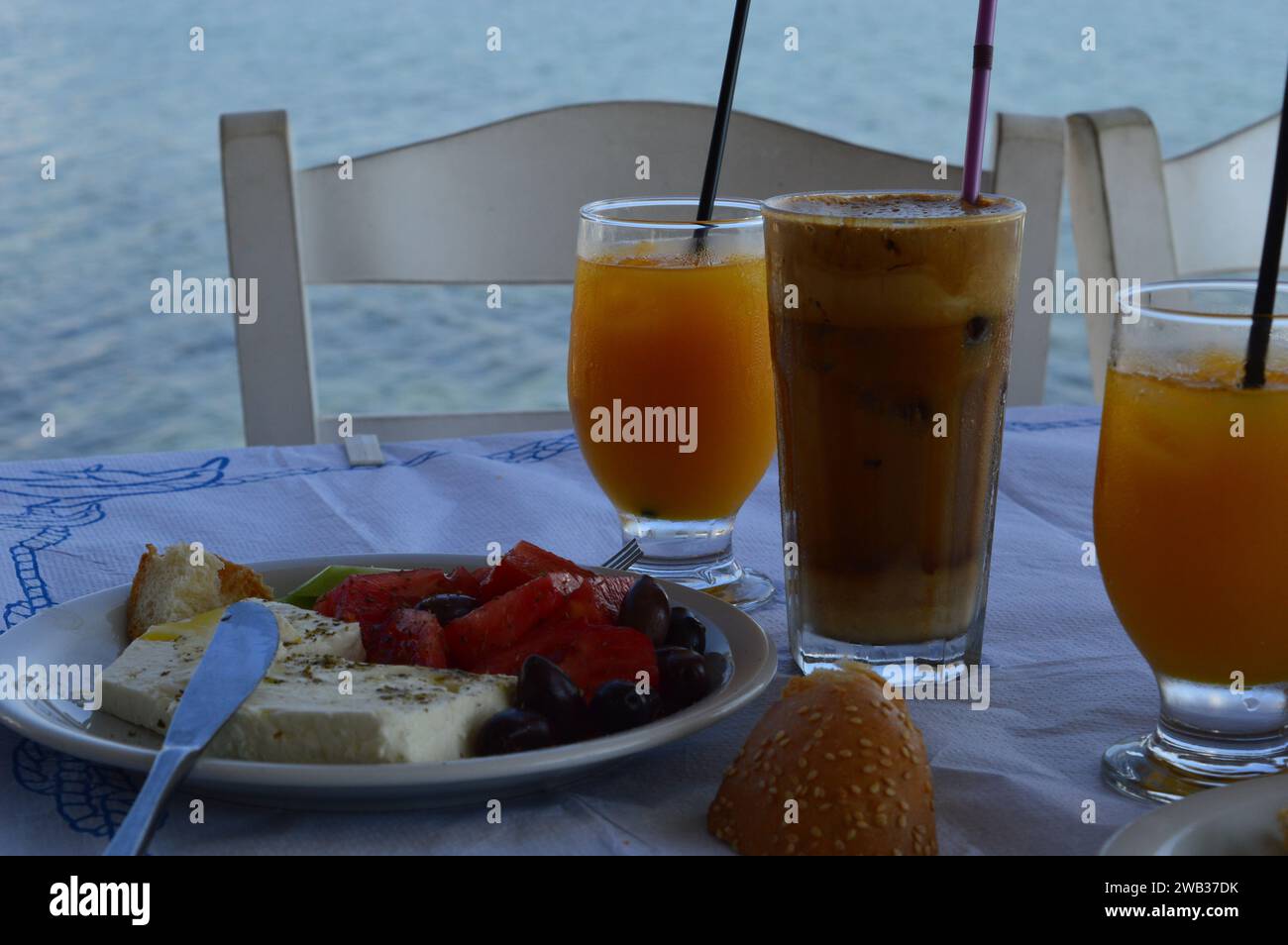 Authentic greek breakfast by the sea Stock Photo - Alamy
