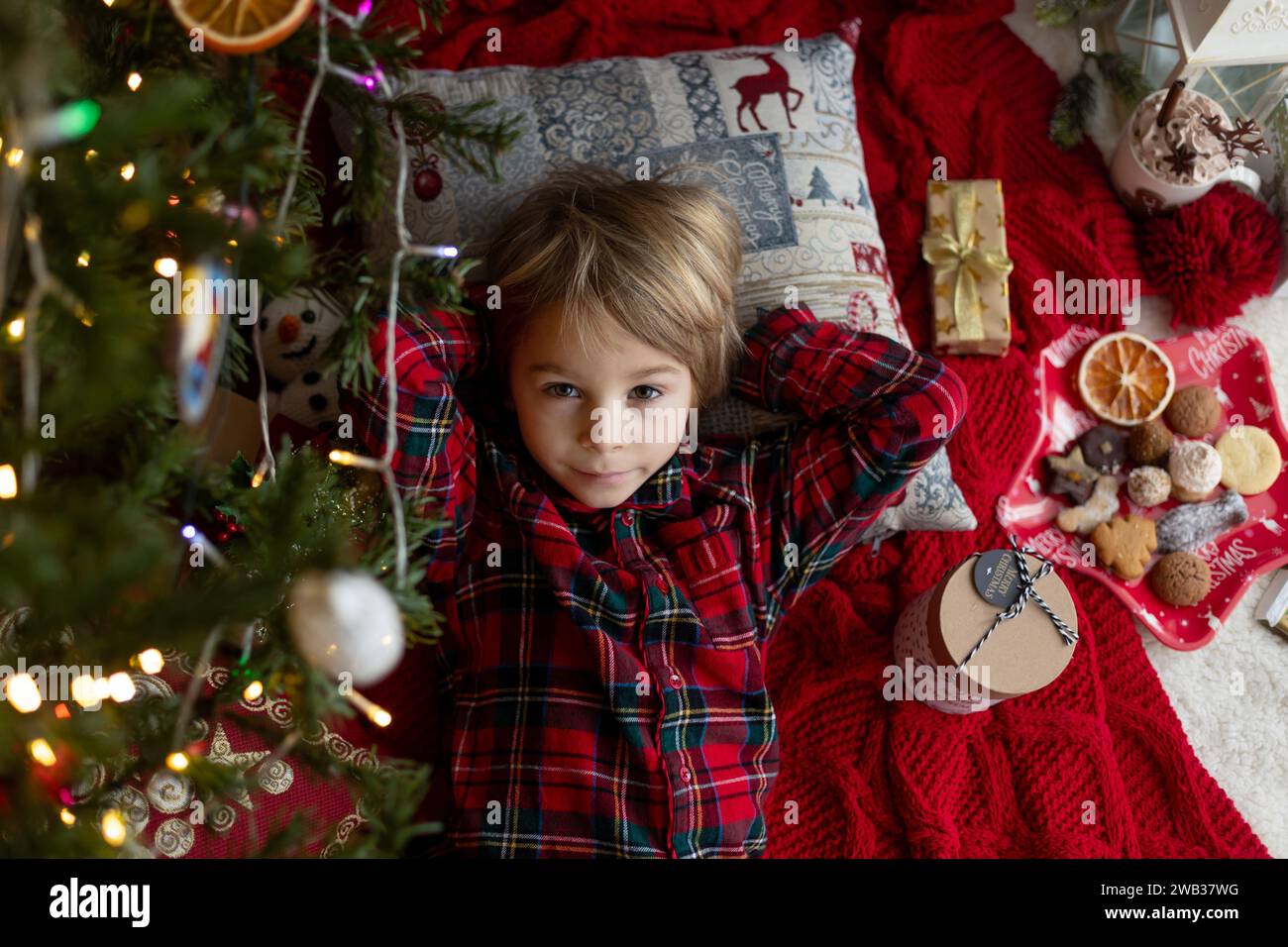 Cute child, cute blond boy, sleeping under the christmas tree, waiting ...