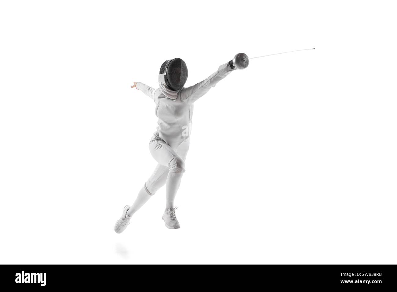 Professional female fencer lunging with grace and precision, flash of ...