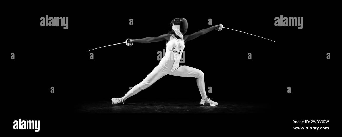 Banner. Striking profile of two-sword-wielding sportswoman, radiating ...