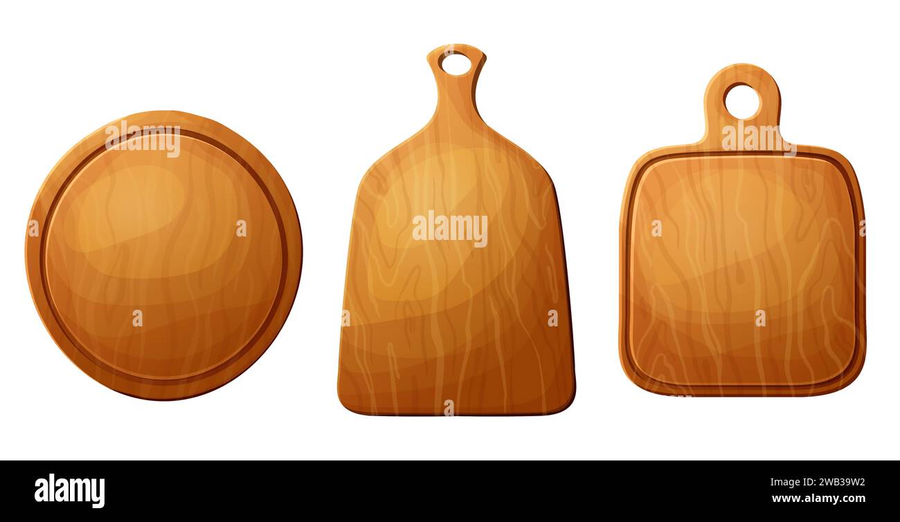 Set of cutting wooden board for chop, pizza and meat. Kitchen cartoon ...