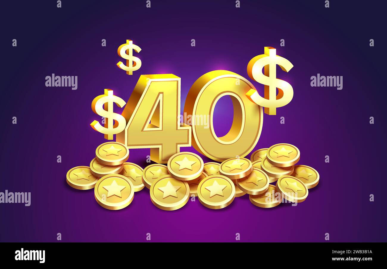 Cash back 40 dollar Percentage golden coins, financial save off. Vector ...